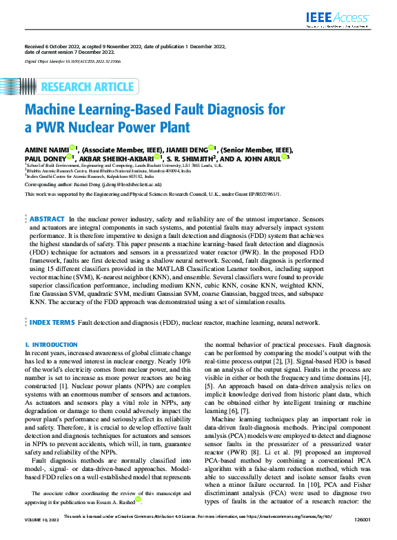(PDF) Machine Learning-Based Fault Diagnosis for a PWR Nuclear Power Plant