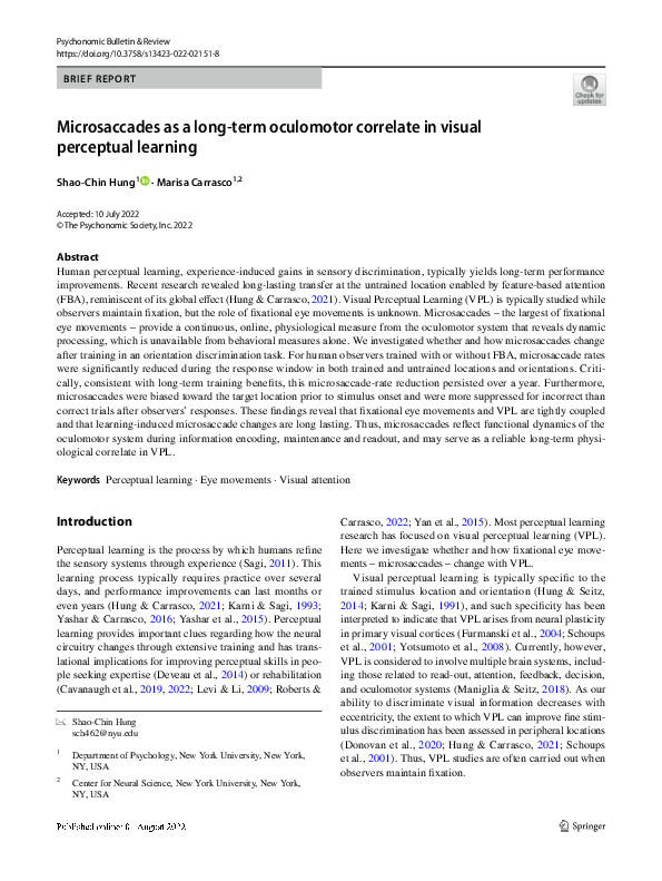(PDF) Microsaccades as a long-term oculomotor correlate in visual perceptual learning | Marisa ...