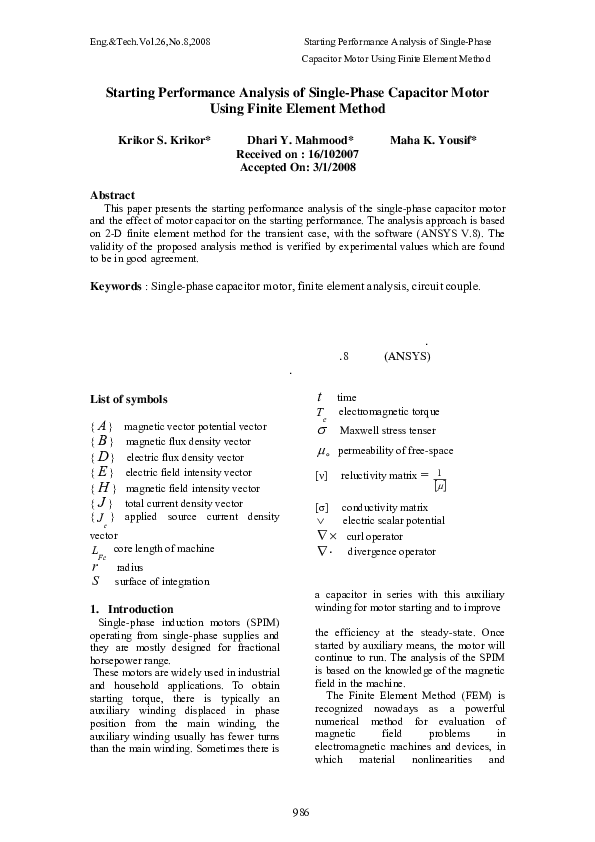 Pdf Starting Performance Analysis Of Single Phase Capacitor Motor Using Finite Element Method