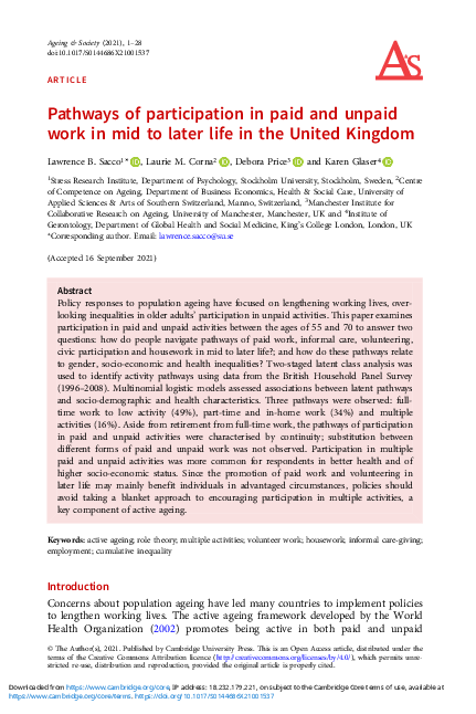 (PDF) Pathways of participation in paid and unpaid work in mid to later ...