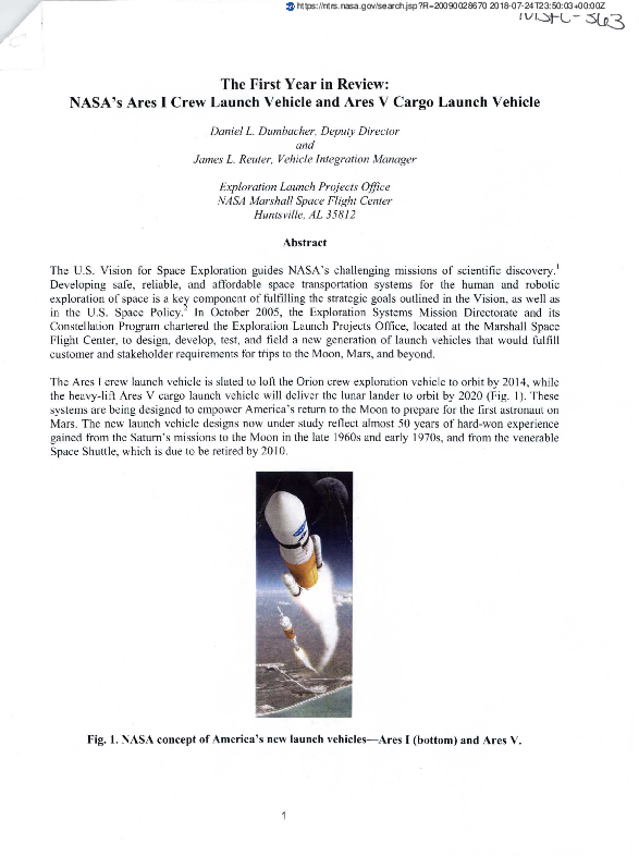 (PDF) First Year in Review: NASA's Ares I Crew Launch Vehicle and Ares ...