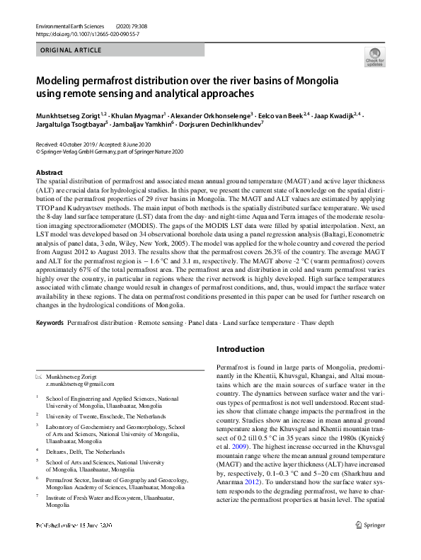 Pdf Modeling Permafrost Distribution Over The River Basins Of Mongolia Using Remote Sensing