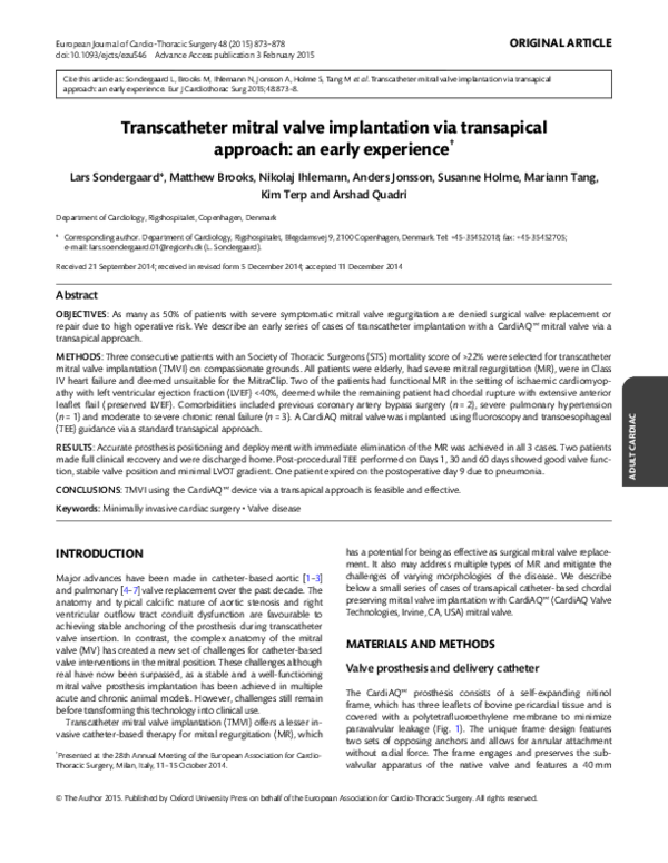 (PDF) Transcatheter mitral valve implantation via transapical approach ...