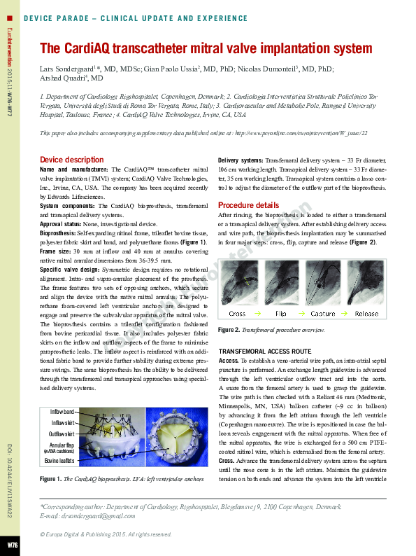 (PDF) The CardiAQ transcatheter mitral valve implantation system ...