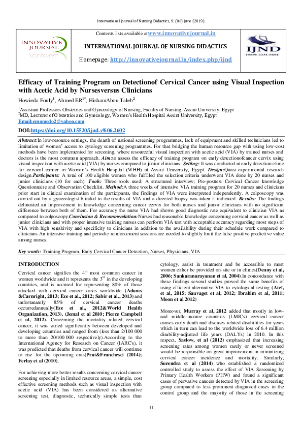 (PDF) Efficacy of Training Program on Detection of Cervical Cancer ...