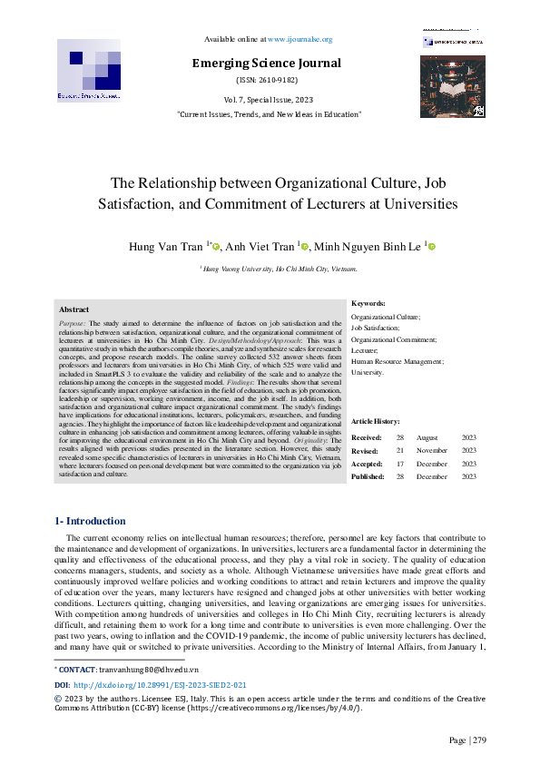 (PDF) The Relationship between Organizational Culture, Job Satisfaction, and Commitment of ...