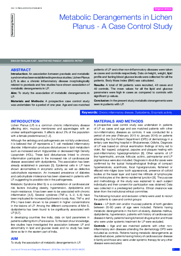(PDF) Metabolic Derangements in Lichen Planus - A Case Control Study