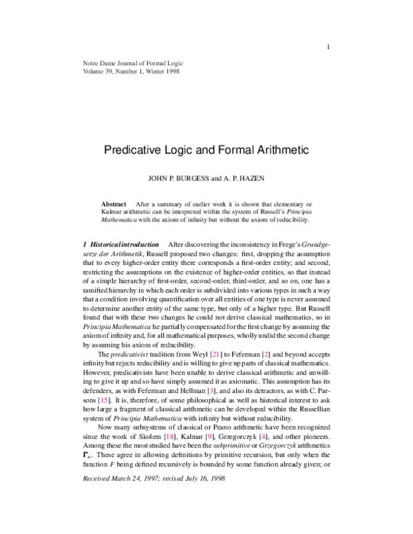 (PDF) Predicative Logic and Formal Arithmetic