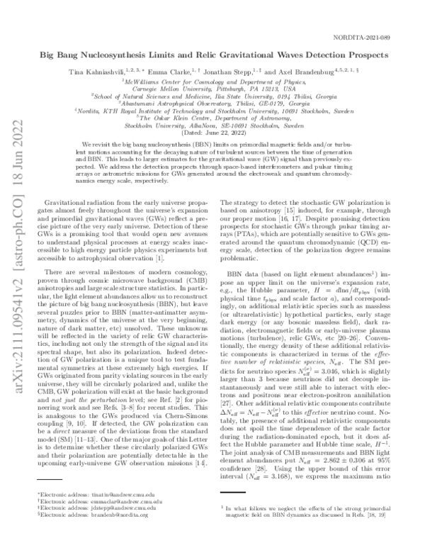 Pdf Big Bang Nucleosynthesis Limits And Relic Gravitational Waves Detection Prospects