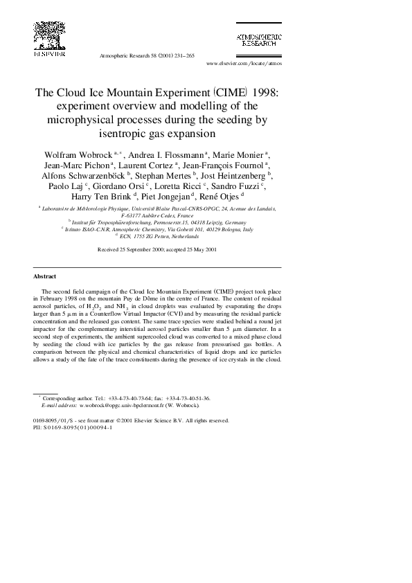(PDF) The Cloud Ice Mountain Experiment (CIME) 1998: experiment ...