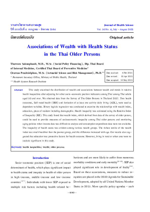 (PDF) Associations of Wealth with Health Status in the Thai Older Persons