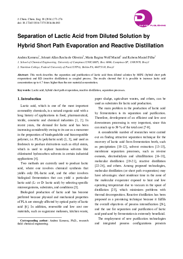 (PDF) Separation of Lactic Acid from Diluted Solution by Hybrid Short ...