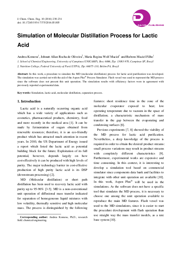 (PDF) Simulation of Molecular Distillation Process for Lactic Acid