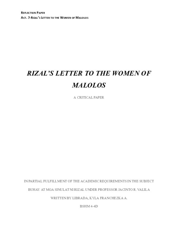 (PDF) A Critical Paper on "Rizal’s Letter to the Women of Malolos ...