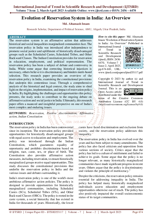 (PDF) Evolution of Reservation System in India: An Overview
