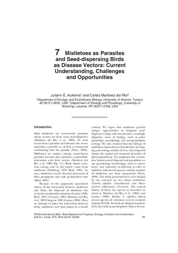 (PDF) Mistletoes as parasites and seed-dispersing birds as disease ...