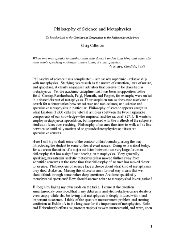 (PDF) Philosophy of Science and Metaphysics