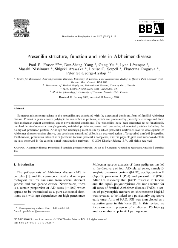 (PDF) Presenilin structure, function and role in Alzheimer disease