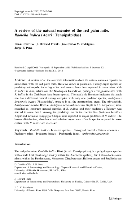 (PDF) A review of the natural enemies of the red palm mite, Raoiella ...