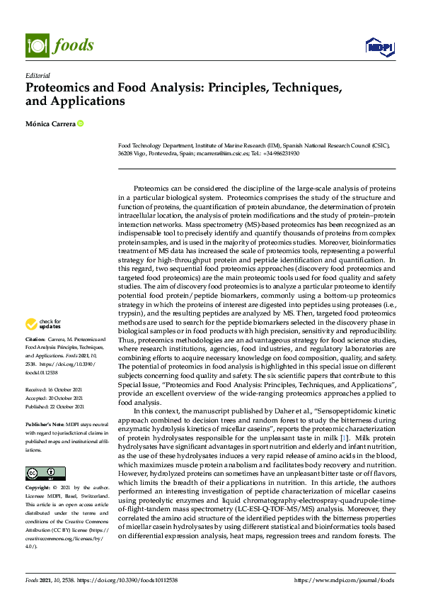(PDF) Proteomics and Food Analysis: Principles, Techniques, and Applications