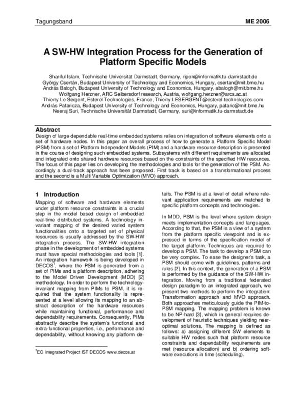 (PDF) A SW-HW Integration Process for the Generation of Platform Specific Models | András ...
