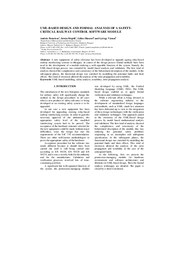 Pdf Uml Based Design And Formal Analysis Of A Safety Critical Railway Control Software Module