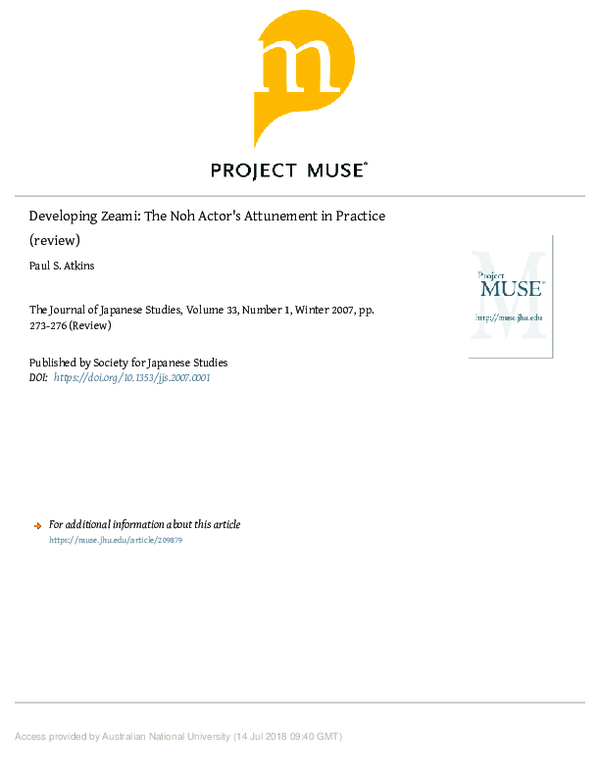(PDF) Developing Zeami: The Noh Actor's Attunement in Practice (review)