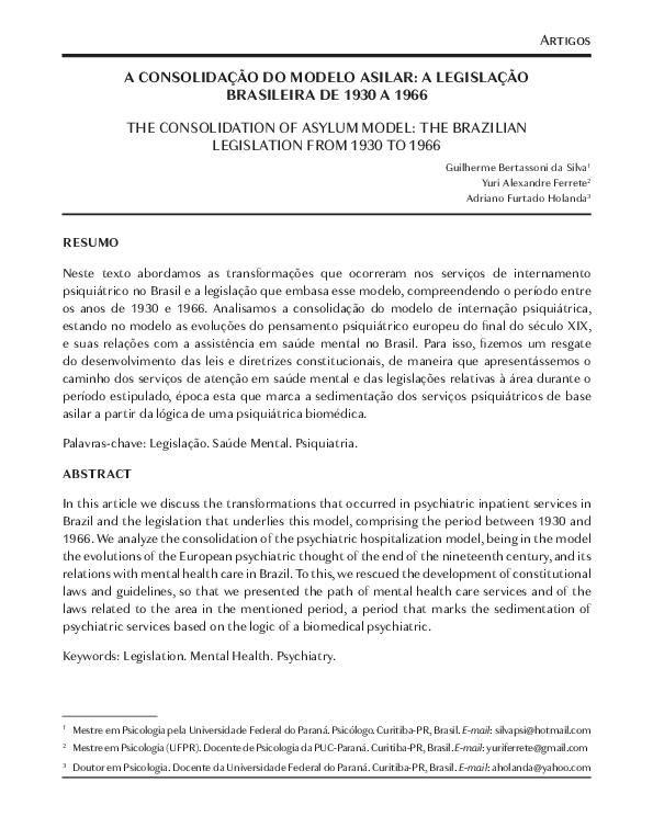 (PDF) A consolidação do modelo asilar: a Legislação Brasileira de 1930 ...