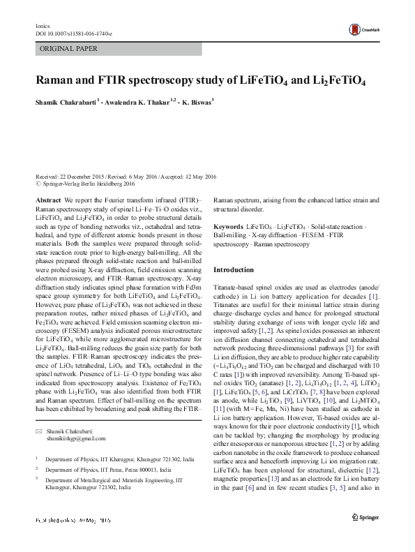 (PDF) Raman and FTIR spectroscopy study of LiFeTiO4 and Li2FeTiO4