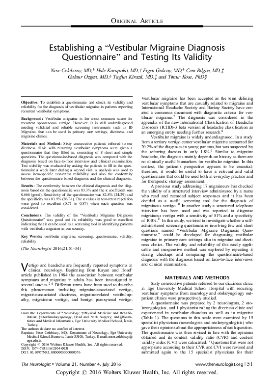 (PDF) Establishing a “Vestibular Migraine Diagnosis Questionnaire” and ...