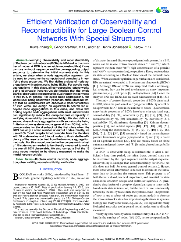 (PDF) Efficient Verification of Observability and Reconstructibility for Large Boolean Control ...