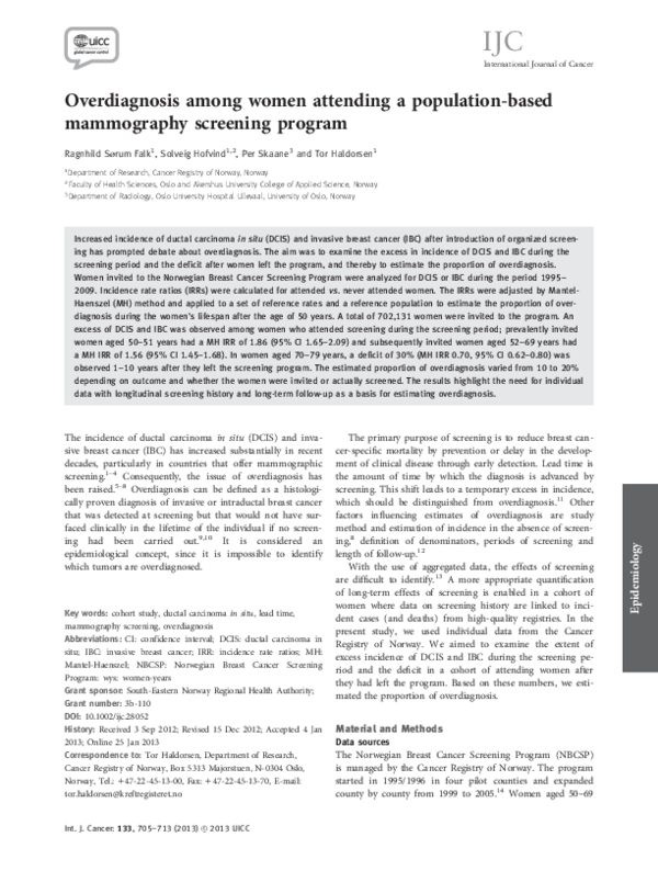 (PDF) Overdiagnosis among women attending a population‐based ...