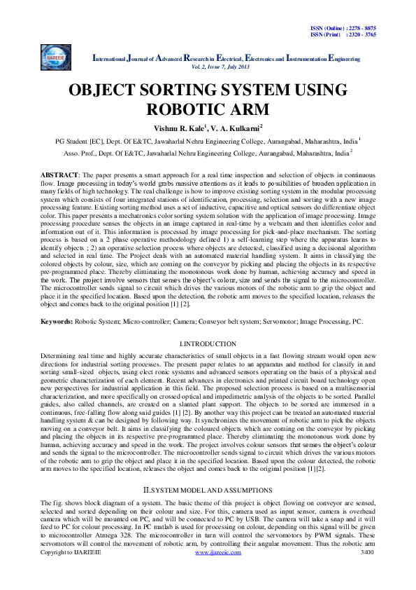 Pdf Object Sorting System Usingrobotic Arm Vishnu Kale
