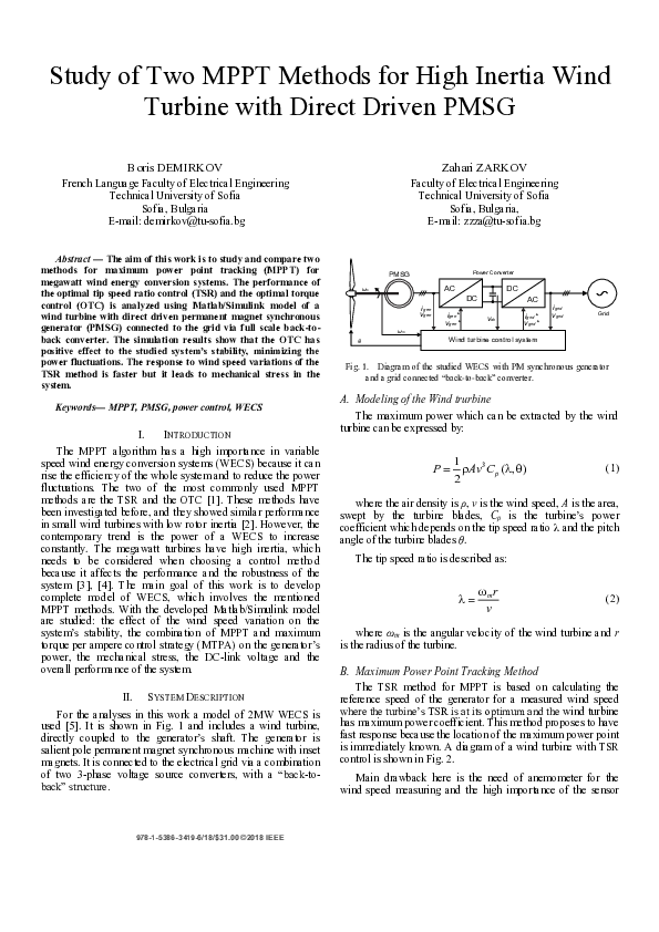 (PDF) Study of Two MPPT Methods for High Inertia Wind Turbine with ...