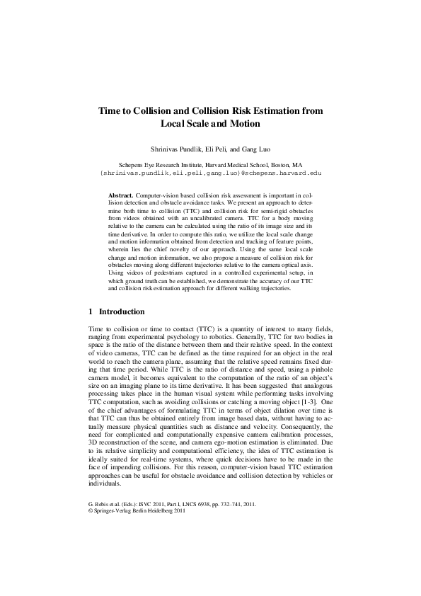 Pdf Time To Collision And Collision Risk Estimation From Local Scale And Motion