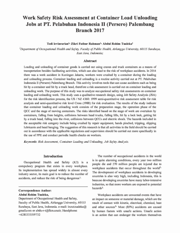 (PDF) Work Safety Risk Assessment at Container Load Unloading Jobs at ...