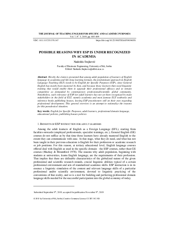 (PDF) Possible Reasons Why Esp is Under Recognized in Academia