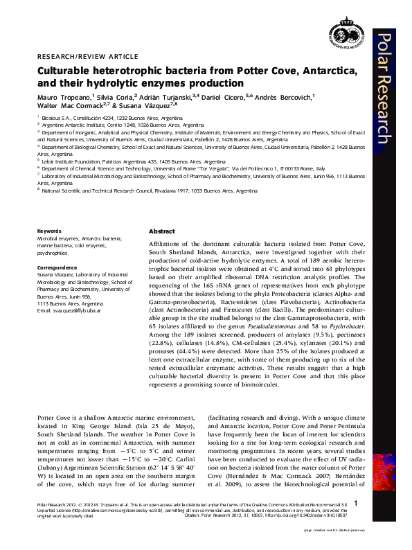 (PDF) Culturable heterotrophic bacteria from Potter Cove, Antarctica, and their hydrolytic ...