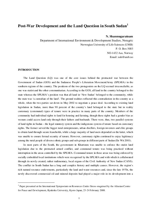 (PDF) Post-War Development and the Land Question in South Sudan