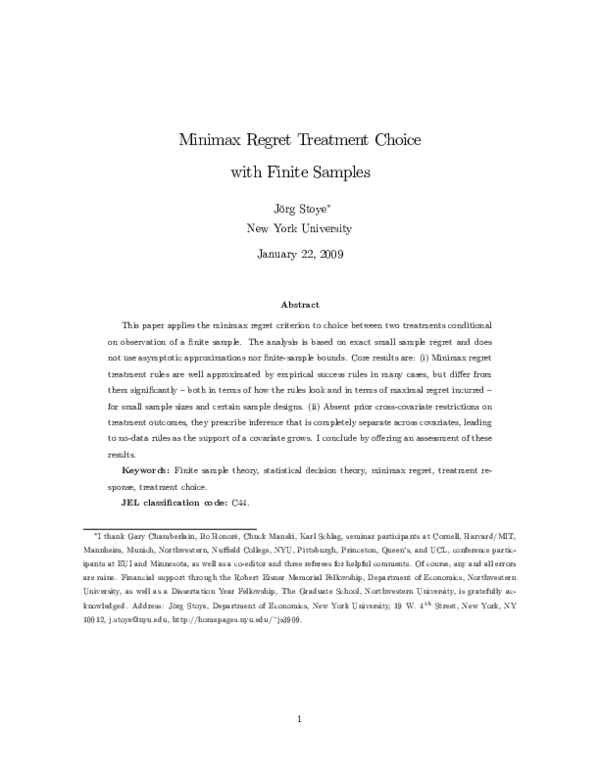 (PDF) Minimax regret treatment choice with finite samples