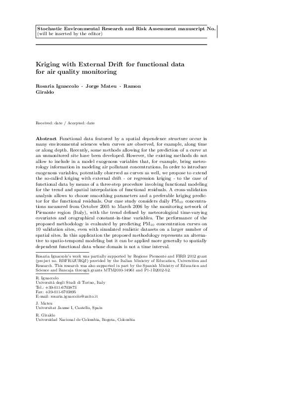(PDF) Kriging with external drift for functional data for air quality monitoring | Ramón Giraldo ...