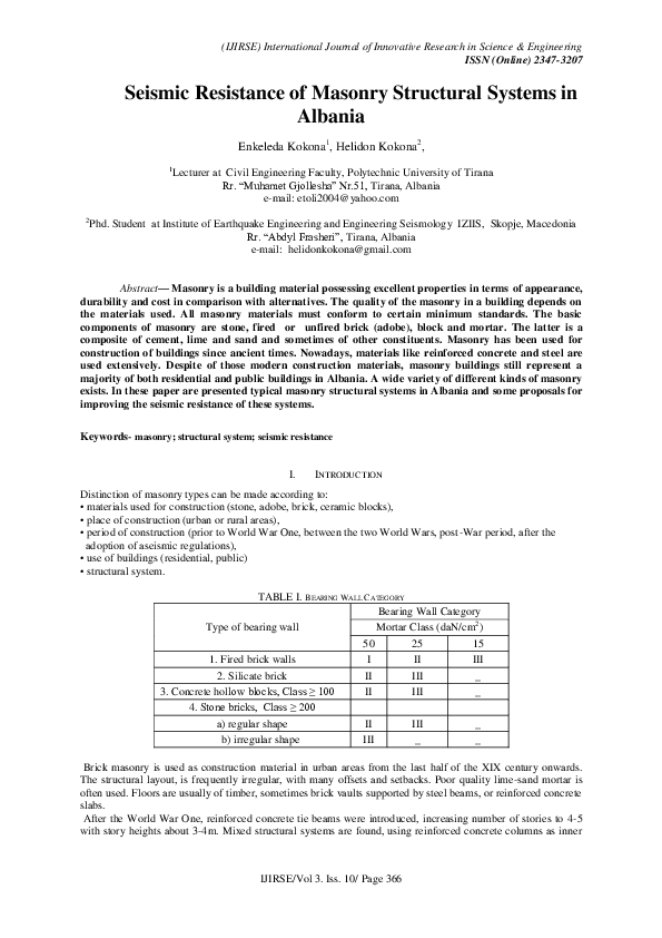 (PDF) Seismic Resistance of Masonry Structural Systems in Albania