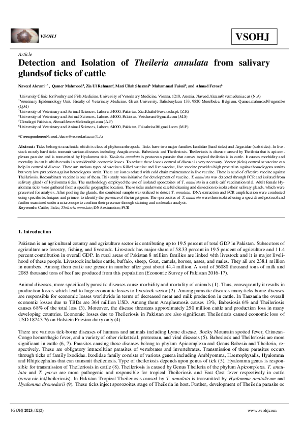Pdf Detection And Isolation Of Theileria Annulata From Salivary