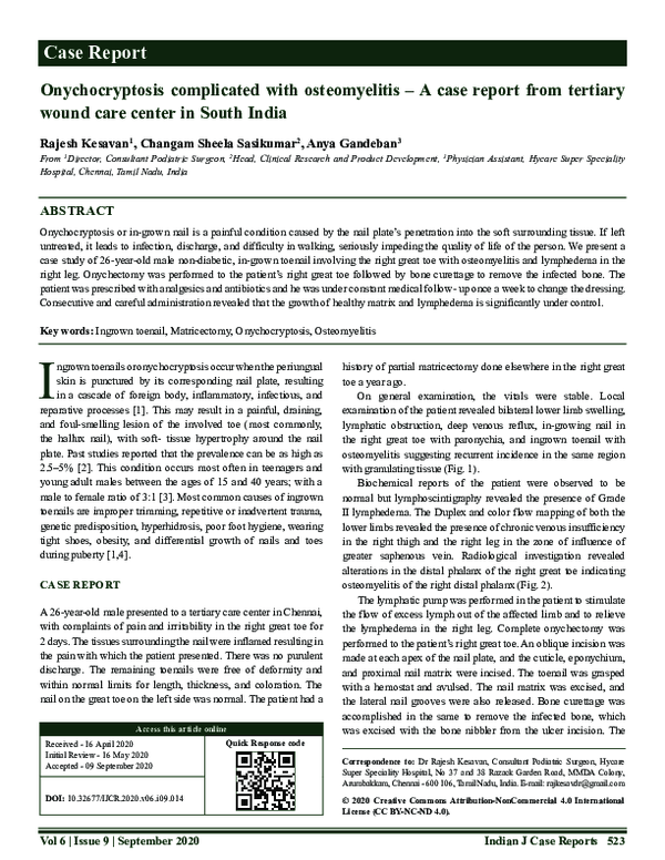 (PDF) Onychocryptosis complicated with osteomyelitis – A case report ...