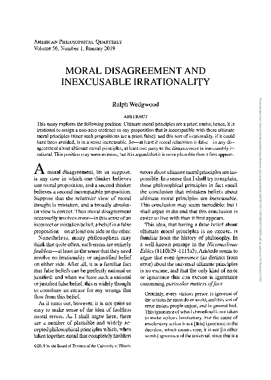(PDF) Moral Disagreement and Inexcusable Irrationality