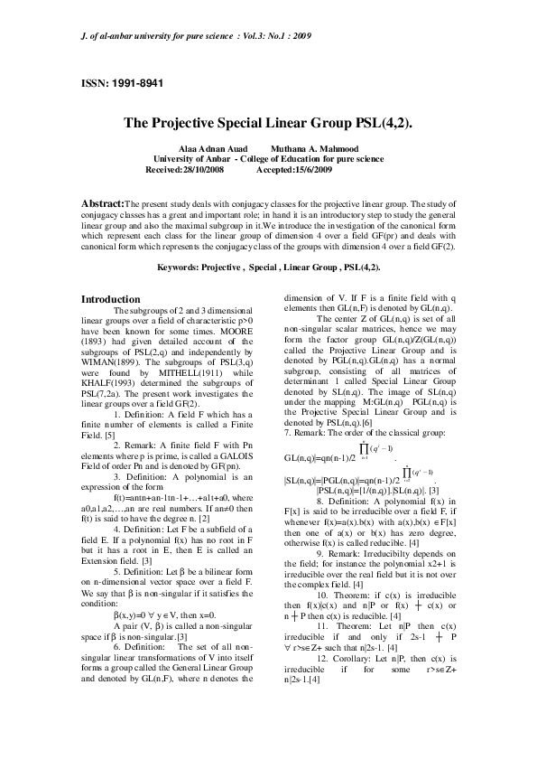 (PDF) The Projective Special Linear Group PSL(4,2) | Alaa Auad - Academia.edu