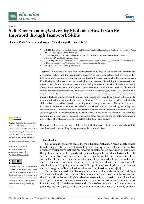 (PDF) Self-Esteem among University Students: How It Can Be Improved through Teamwork Skills