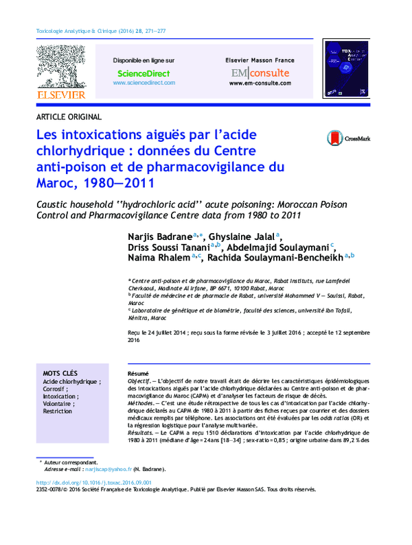 (PDF) Les intoxications aiguës par l’acide chlorhydrique : données du ...