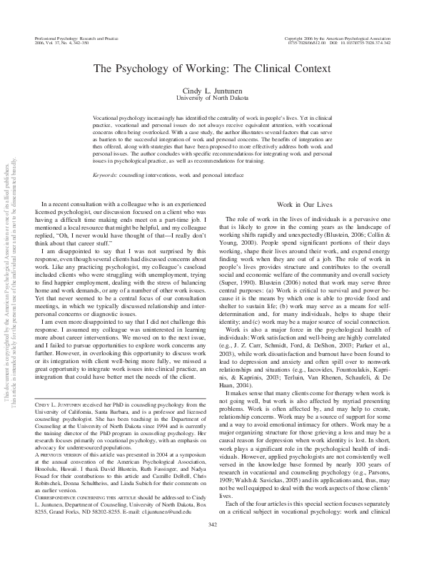 (PDF) The psychology of working: The clinical context