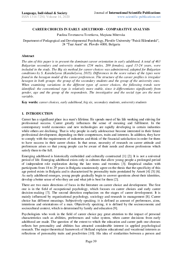 (PDF) Career Choices in Early Adulthood - Comparative Analysis